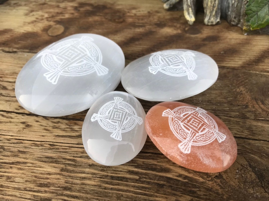 Pure Selenite Crystal Palm Stone Engraved With Brigid's Cross. White ...