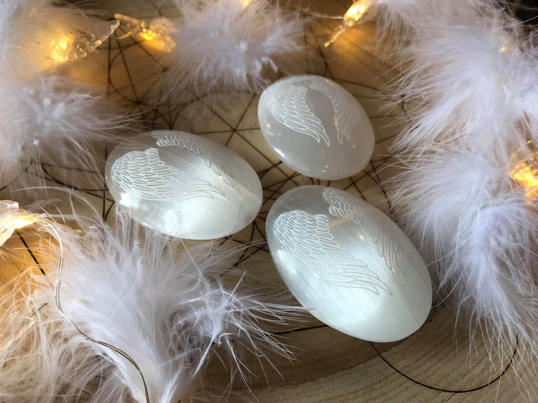 Engraved Small Selenite Crystal Palm Stone, Angel Wings, Angelic Realm ...