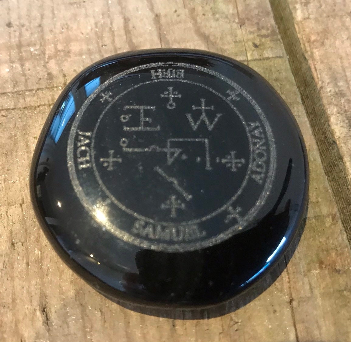 Archangel Samael Sigil Engraved Black Obsidian Palm Stone , Protection ...
