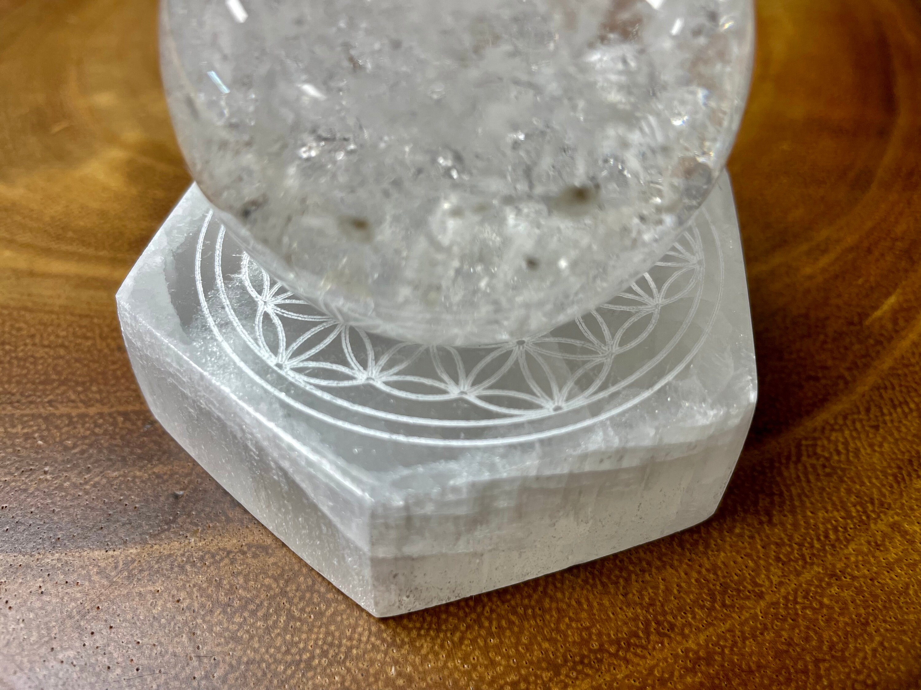 Pure Selenite Crystal Sphere Hexagonal Stand, Engraved With Metatron ...
