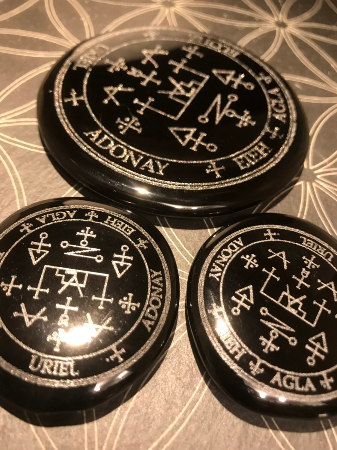 Archangel Uriel Sigil Black Obsidian Engraved Palm Stone - Etsy UK