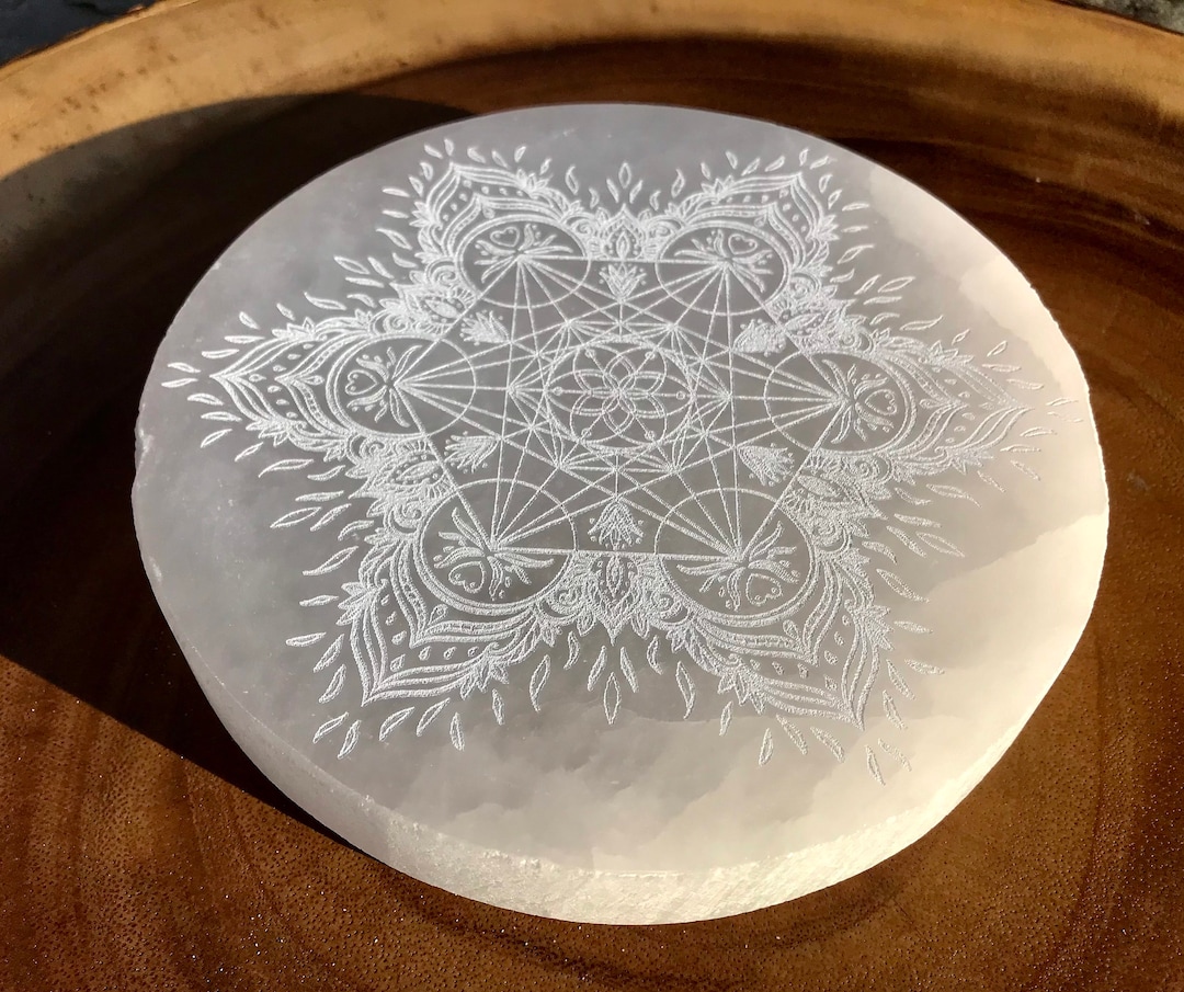 Pure Selenite Metatron Cube Charging Plate Sacred Geometry Selenite