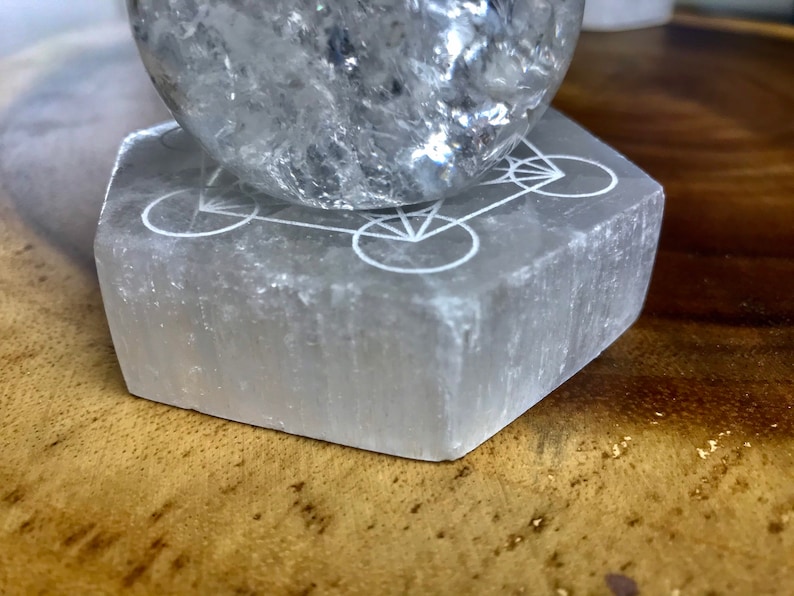 Pure Selenite Crystal Sphere Hexagonal Stand, Engraved With Metatron ...