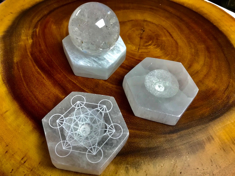 Pure Selenite Crystal Sphere Hexagonal Stand, Engraved With Metatron ...