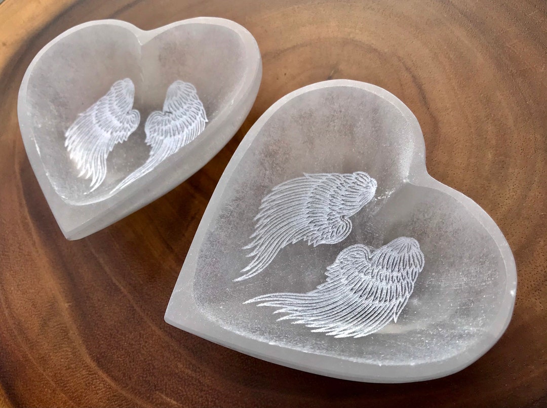 Pure Selenite Heart Bowl Engraved With Angel Wings, Charging Bowl ...