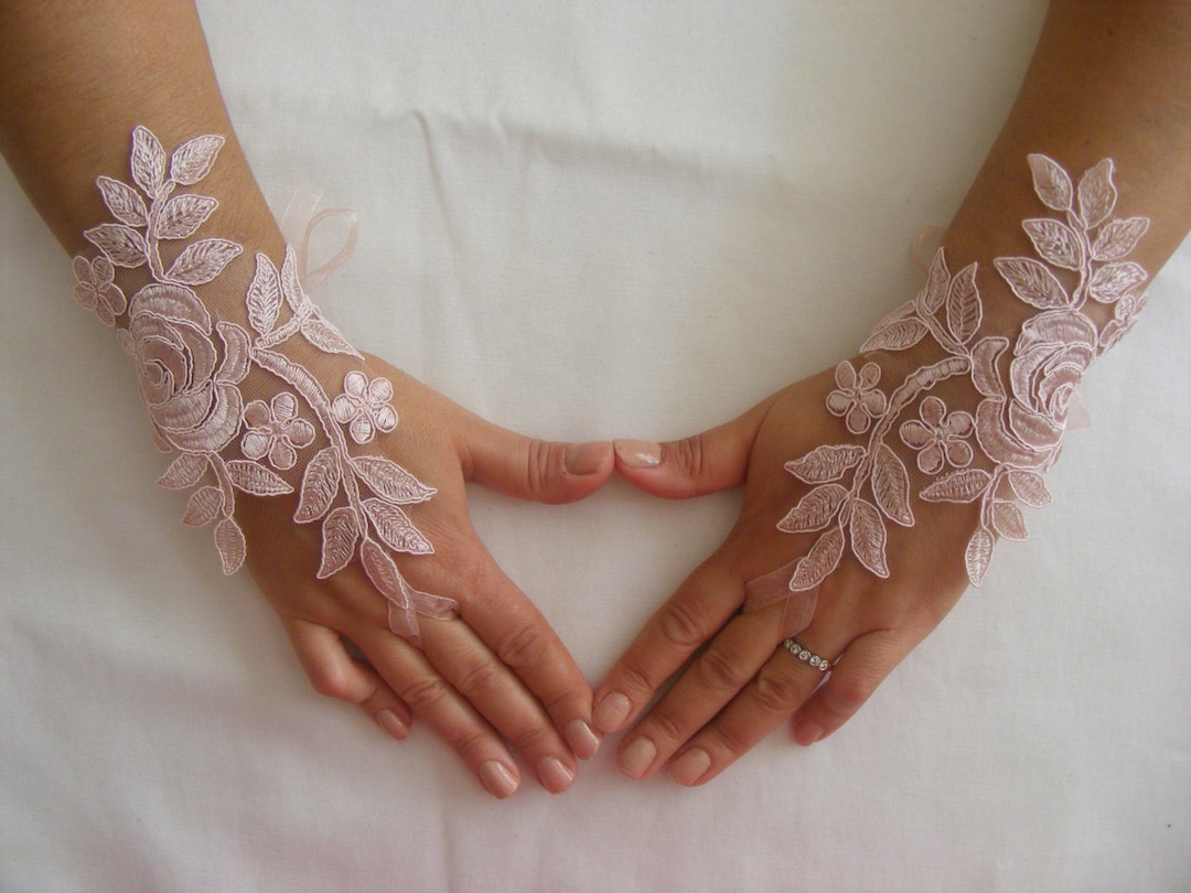 Soft Pink (rose) Lace Handmade Long Lenght Fingerless Wedding Gloves ...