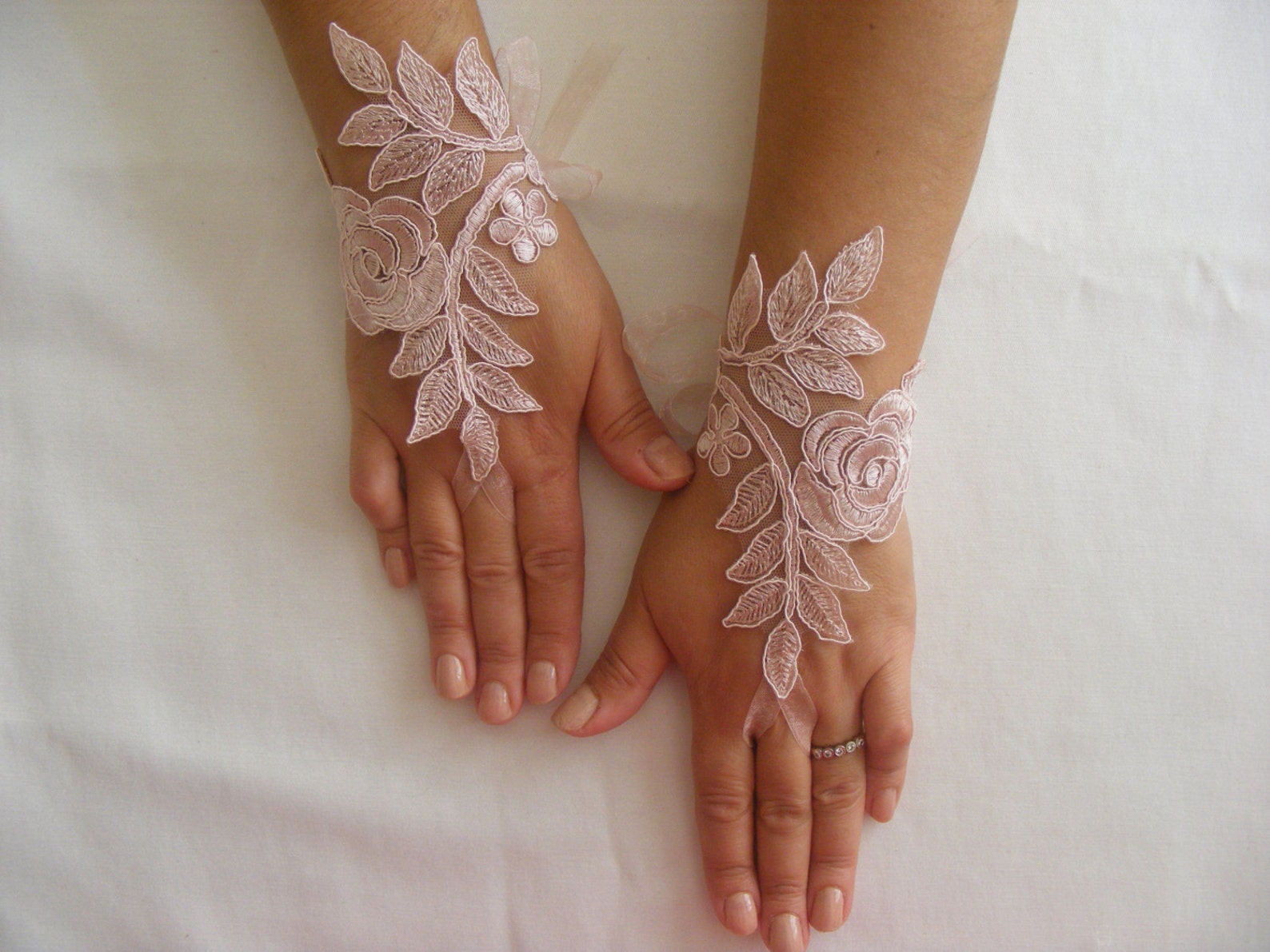 Soft Pink Lace Handmade Medium Fingerless Wedding Gloves With Silk ...