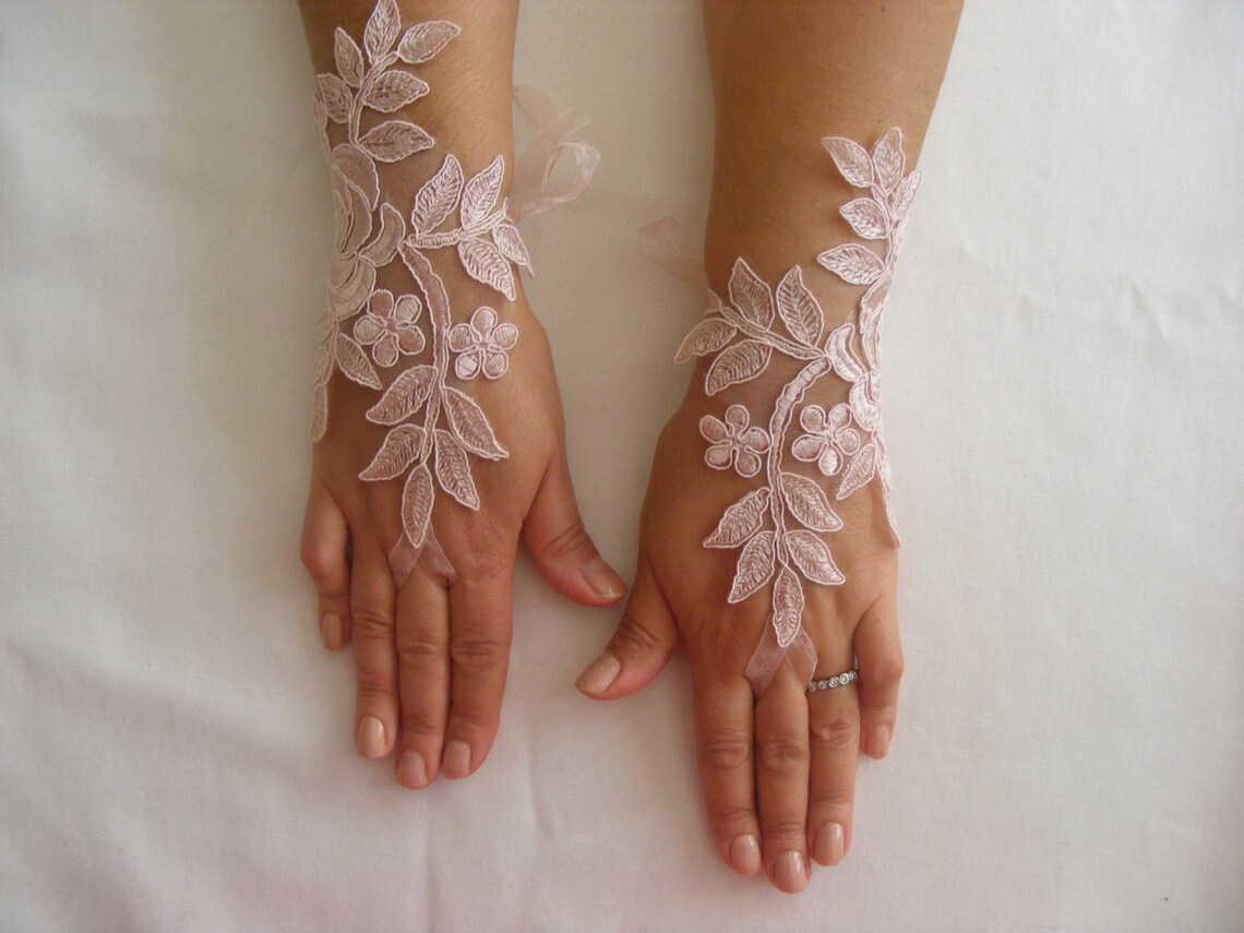 Soft Pink rose Lace Handmade Long Lenght Fingerless Wedding - Etsy