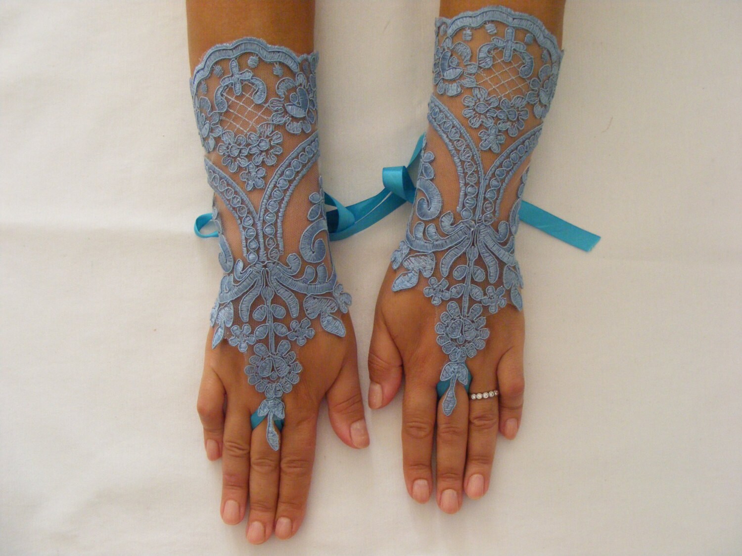 Marine Blue Lace Handmade Medium Lenght Fingerless Wedding - Etsy