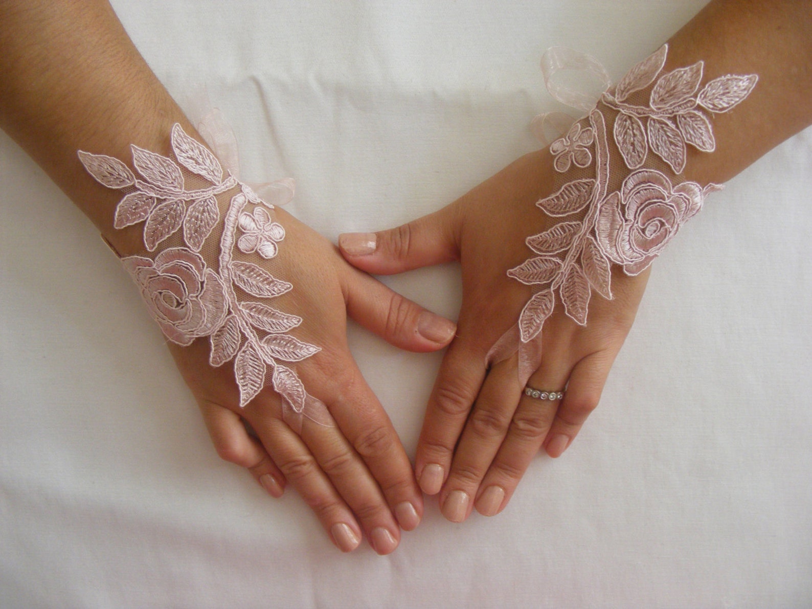 Soft Pink Lace Handmade Medium Fingerless Wedding Gloves With Silk ...