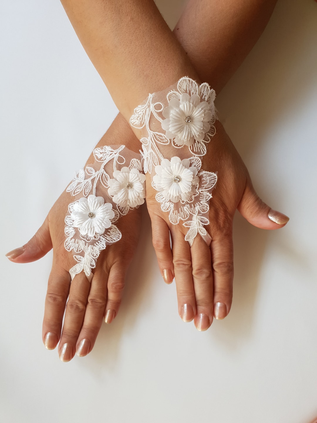 Flower Themed Ivory Lace Handmade Medium Lenght Fingerless Wedding ...