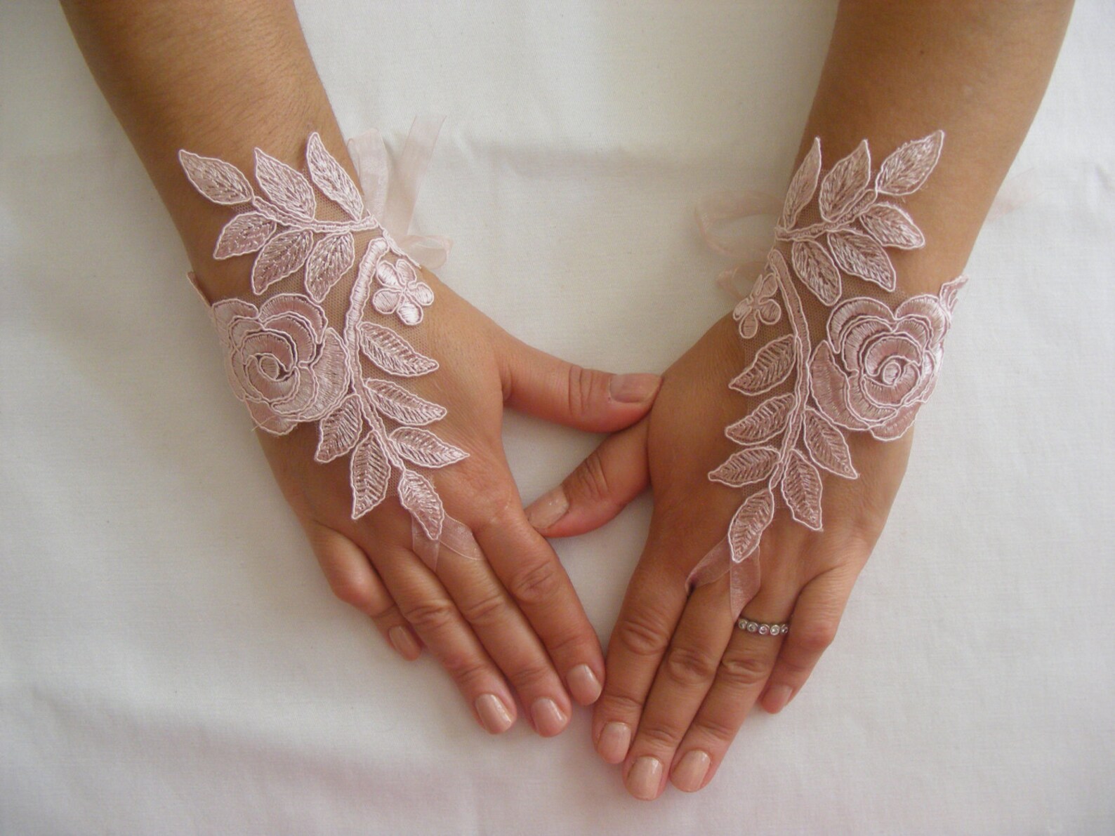 Soft Pink Lace Handmade Medium Fingerless Wedding Gloves With Silk ...