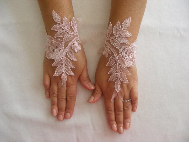 Soft Pink Lace Handmade Medium Fingerless Wedding Gloves With Silk ...