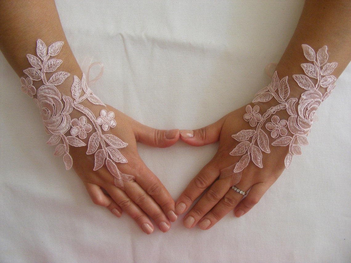Soft Pink (rose) Lace Handmade Long Lenght Fingerless Wedding Gloves ...