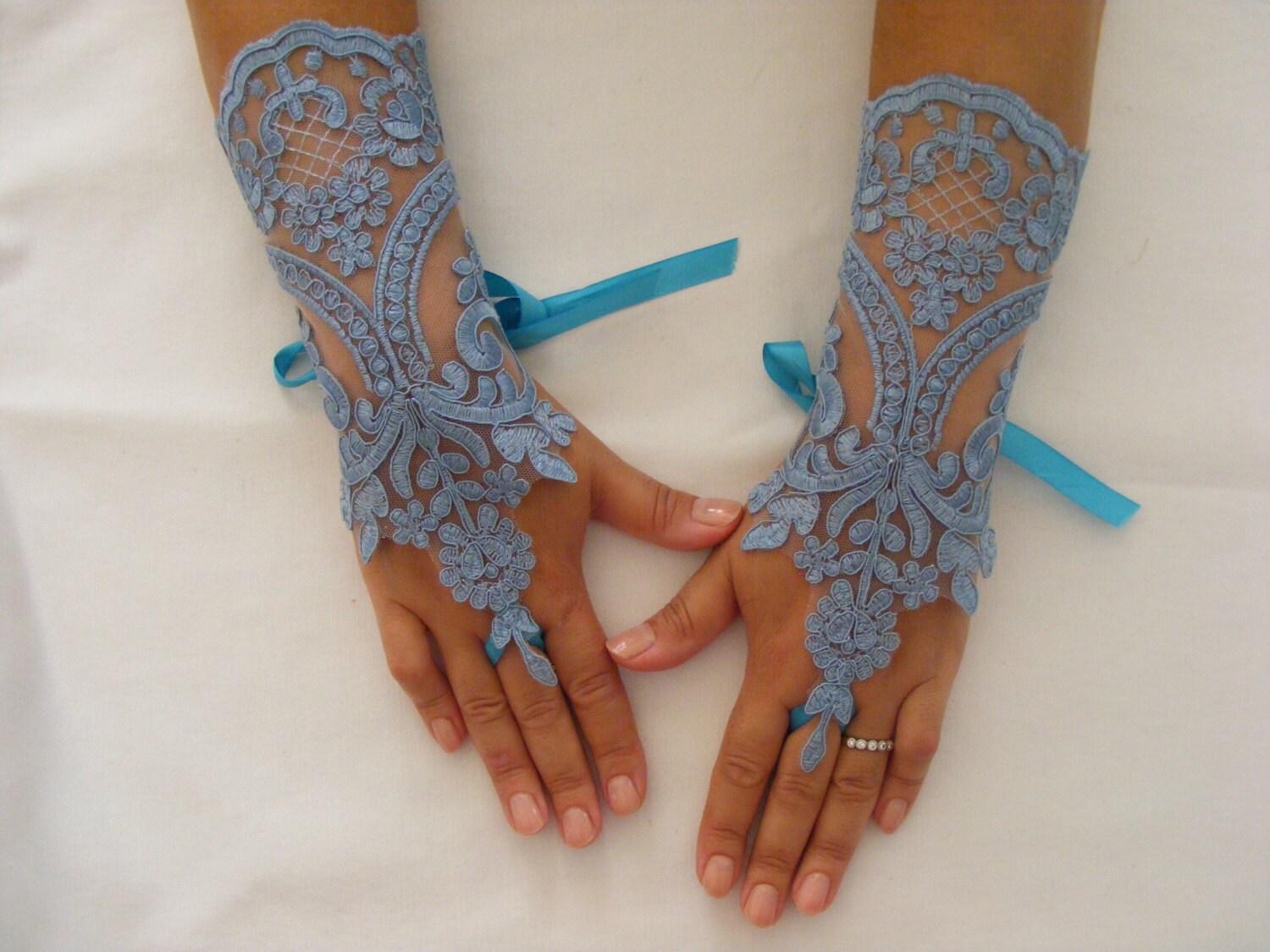 Marine Blue Lace Handmade Medium Lenght Fingerless Wedding - Etsy