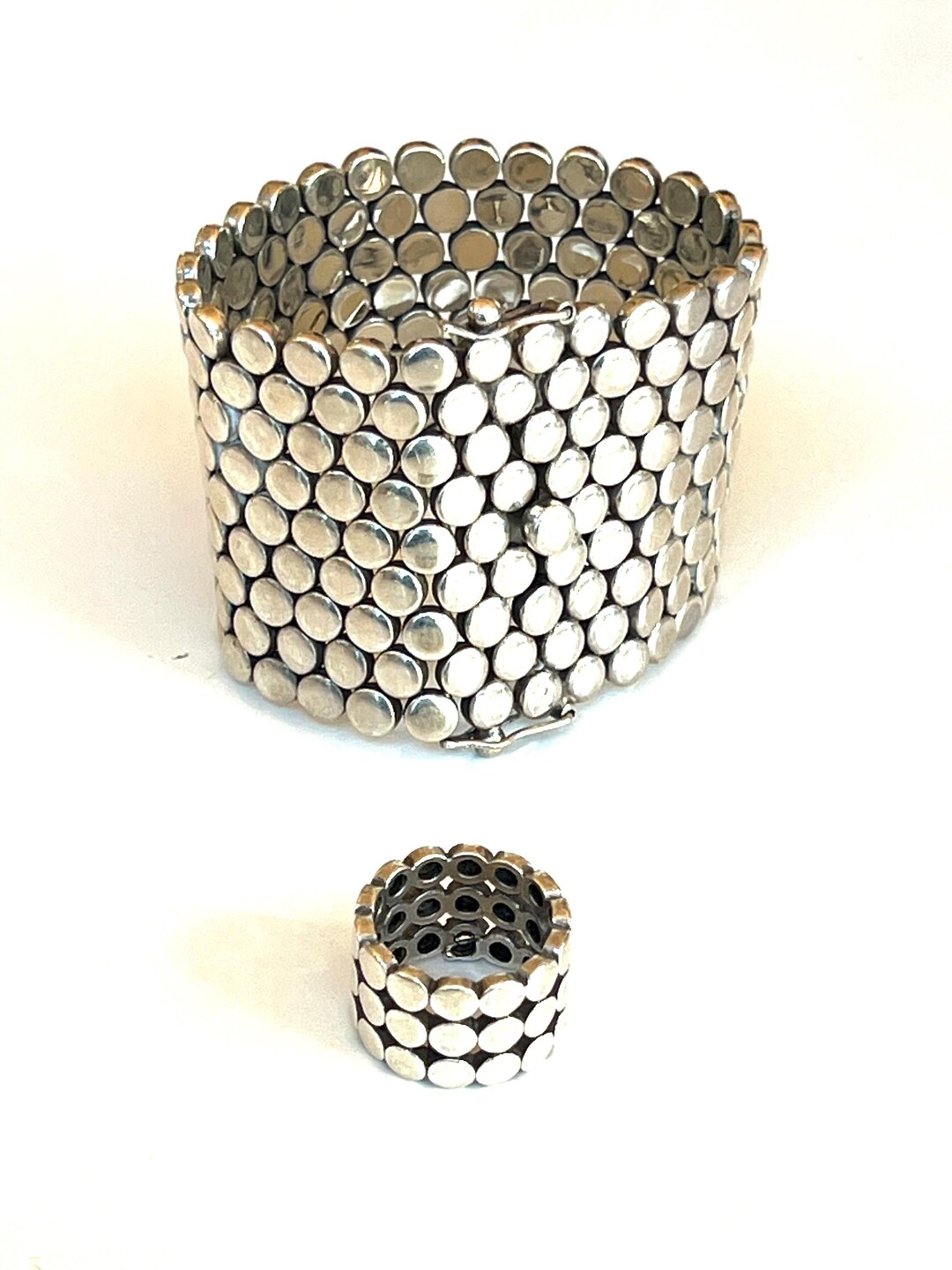Mexican Silver Disc Bracelet and Ring Set - Etsy
