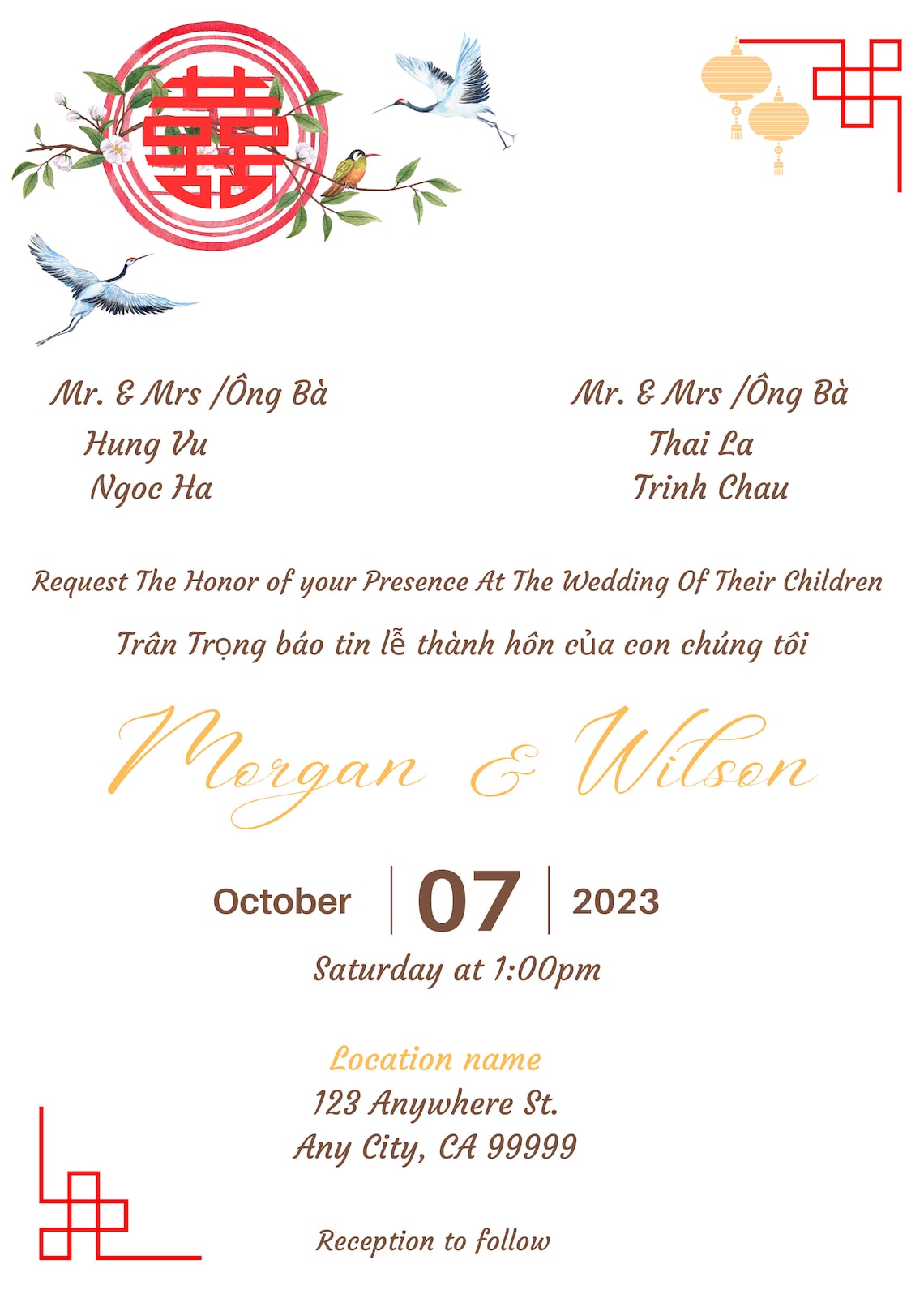English and Vietnamese Bilingual Wedding Invitation Card Template DIY ...
