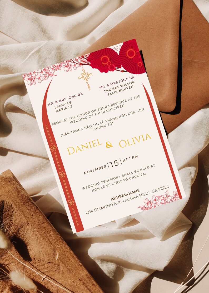English and Vietnamese Bilingual Wedding Invitation Card Template DIY ...