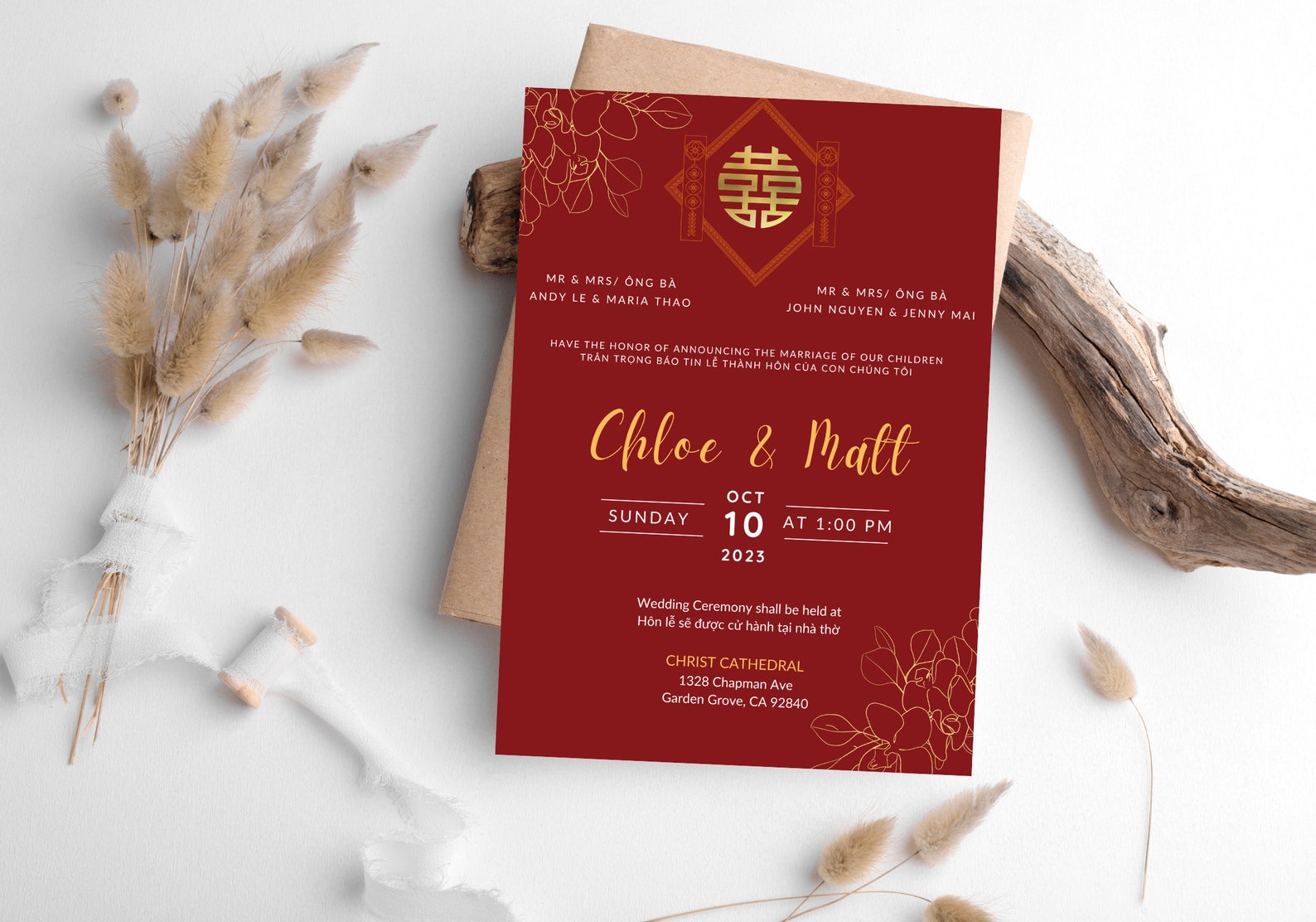 English and Vietnamese Bilingual Wedding Invitation Card Template DIY ...