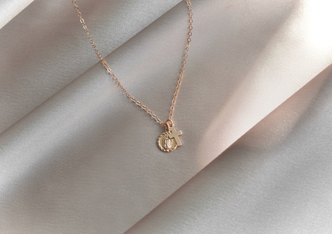 Saint Mary + Cross Necklace. 14kt Gold Filled. Sweet, Dainty Faith ...