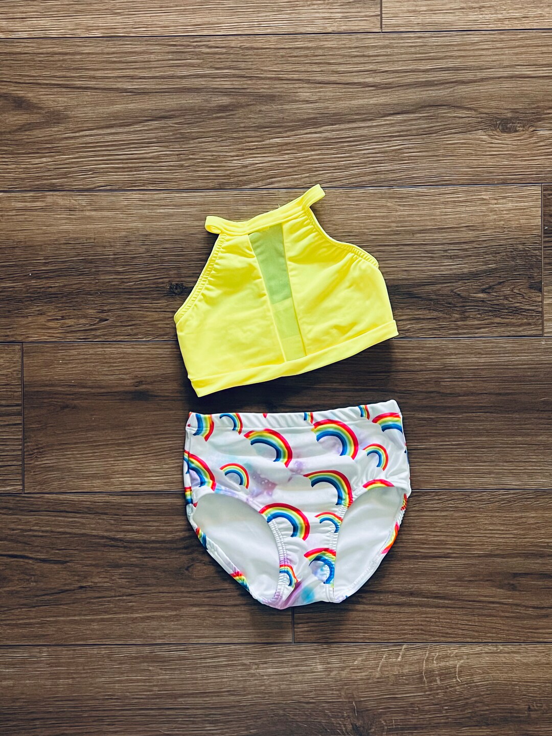 Bright Neon Yellow Mesh Halter Top and White With Rainbow Print Briefs ...