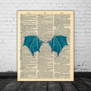 Blue Dragon Wings Wall Decor, Dictionary Art, Fantasy Poster, Wall Art ...
