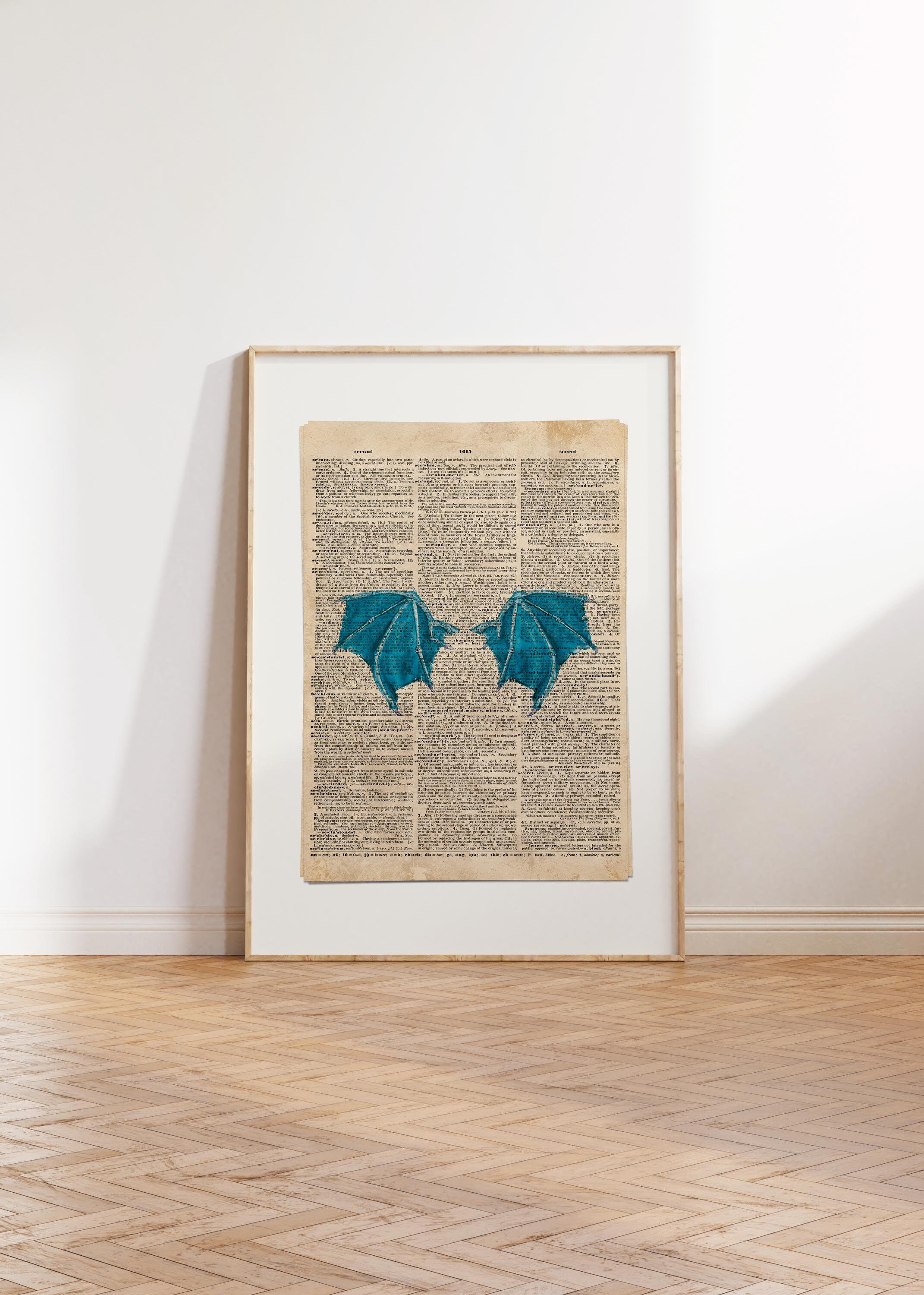 Blue Dragon Wings Wall Decor, Dictionary Wall Art, Fantasy Poster ...