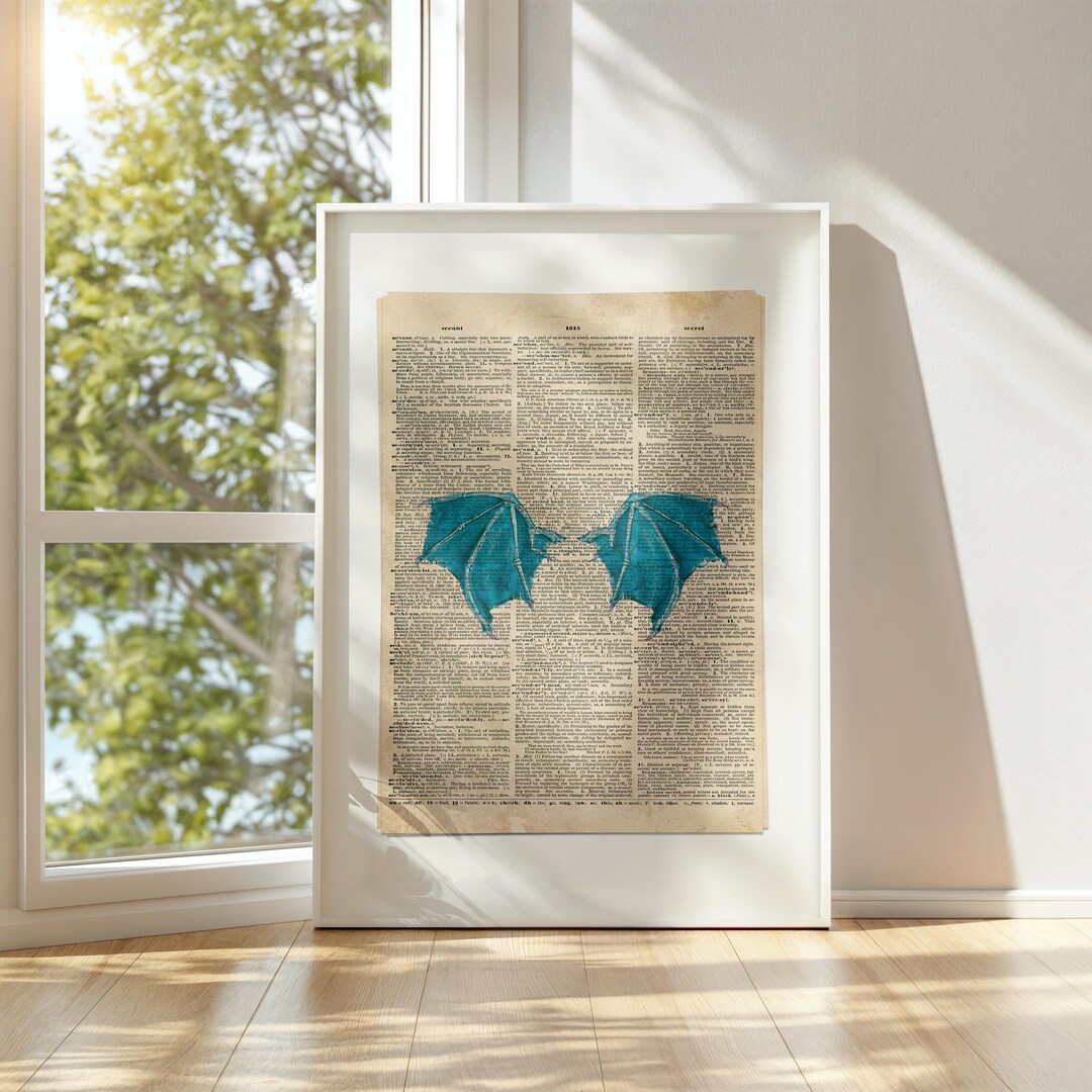 Blue Dragon Wings Wall Decor, Dictionary Wall Art, Fantasy Poster ...