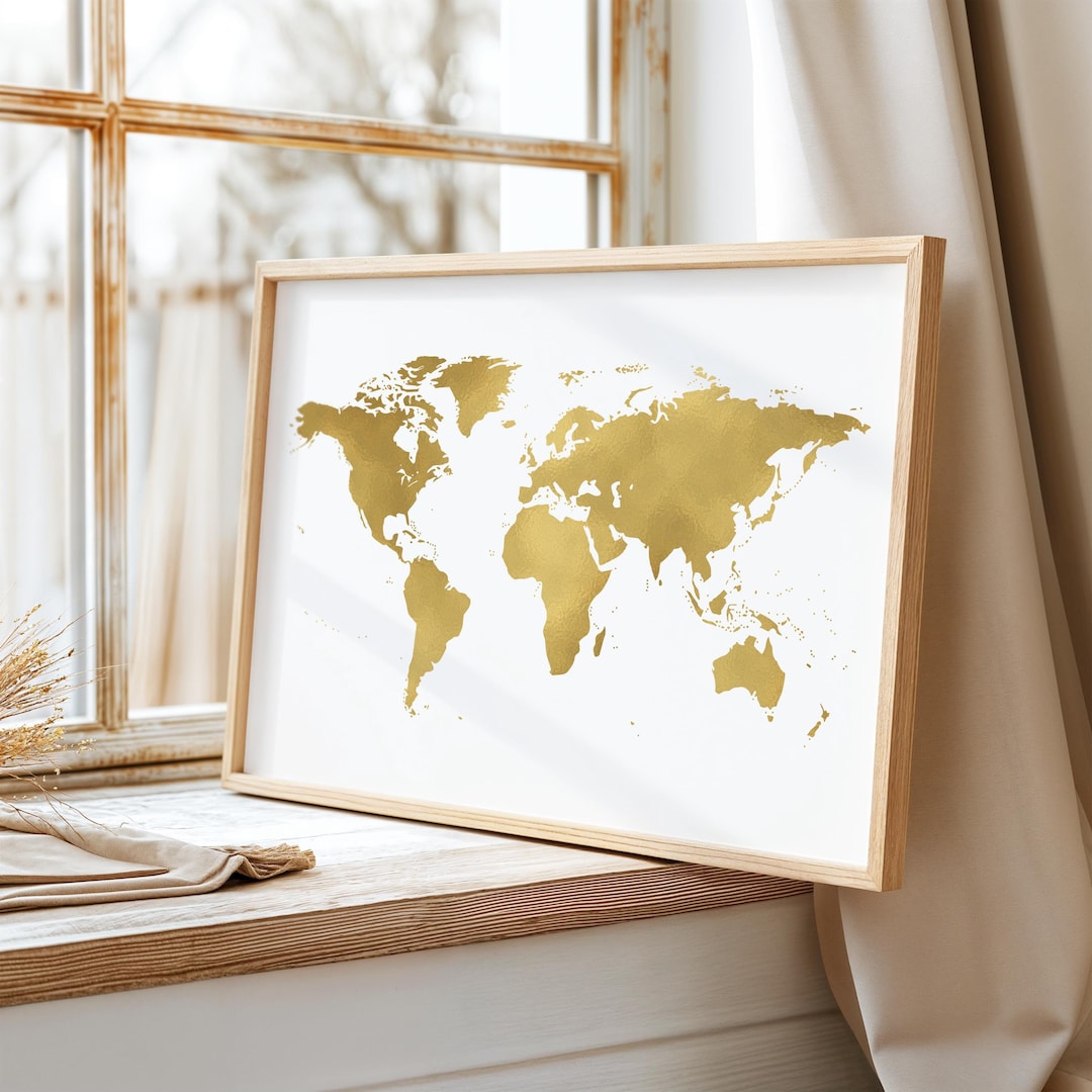 Gold World Map Poster, Printable Gold Foil World Map Print, Travel Wall ...