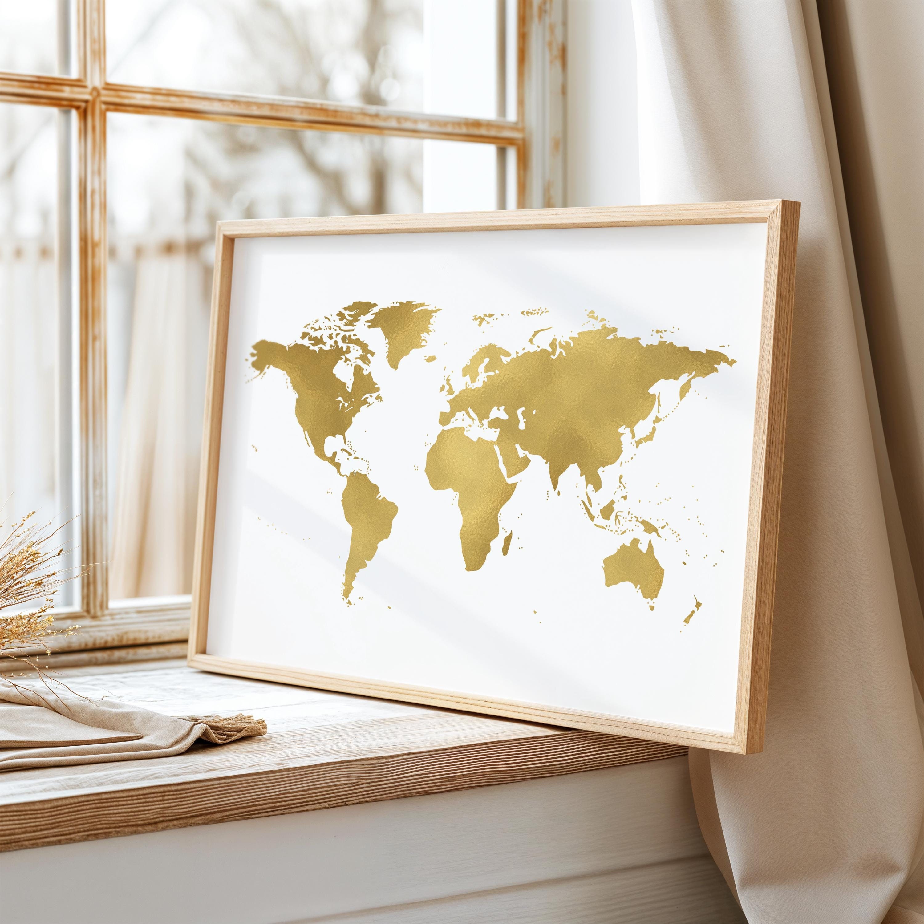 Gold World Map Poster, Printable Gold Foil World Map Print, Travel Wall ...