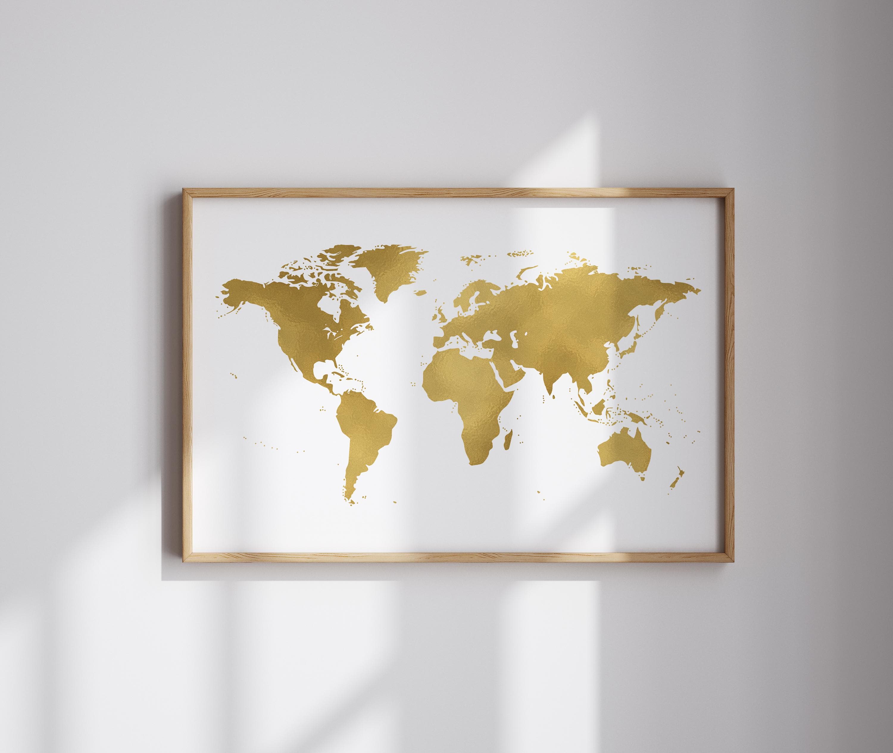 Gold World Map Poster, Printable Gold Foil World Map Print, Travel Wall ...