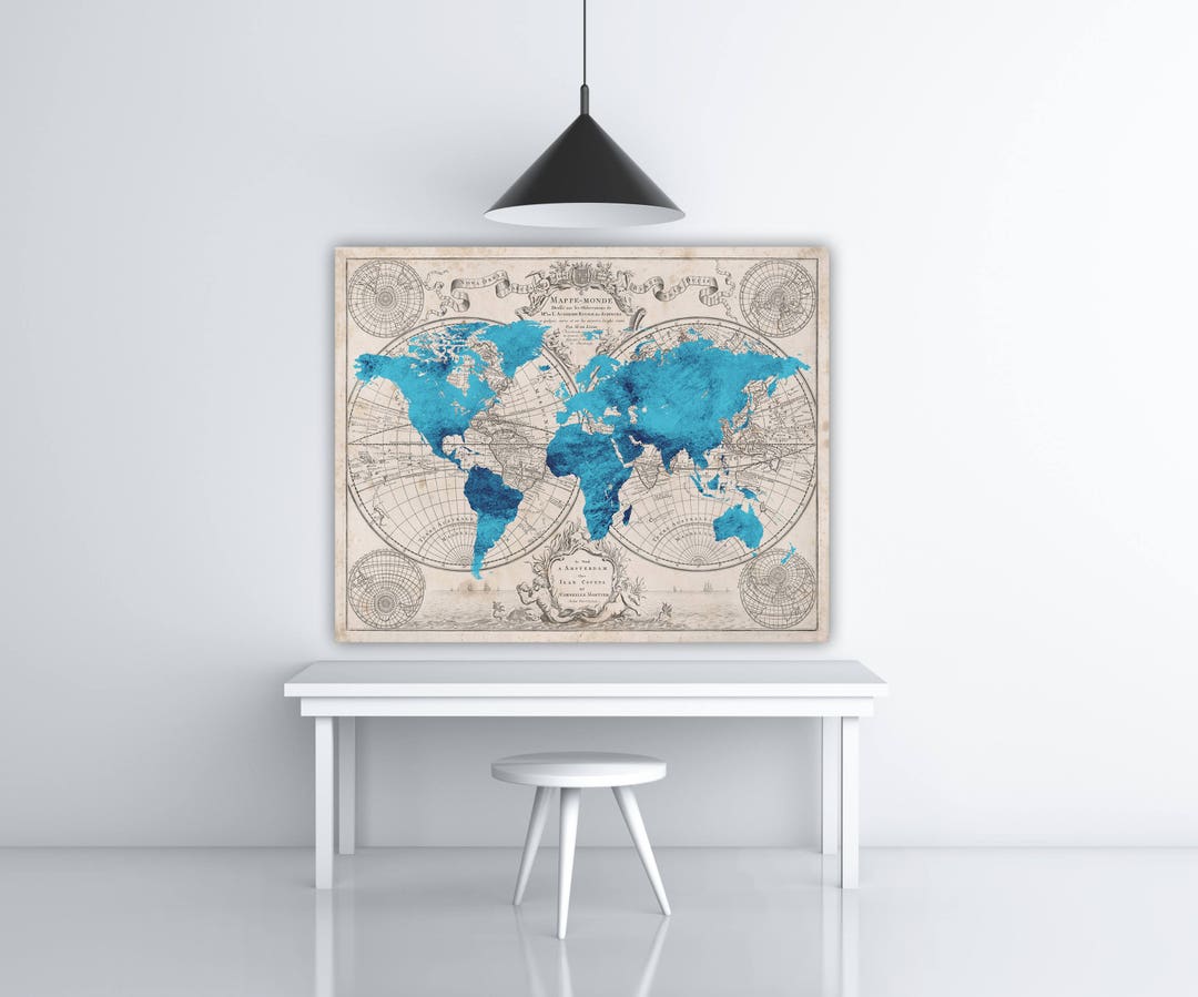Turquoise Vintage World Map Print, Retro Travel Poster Print, Blue ...