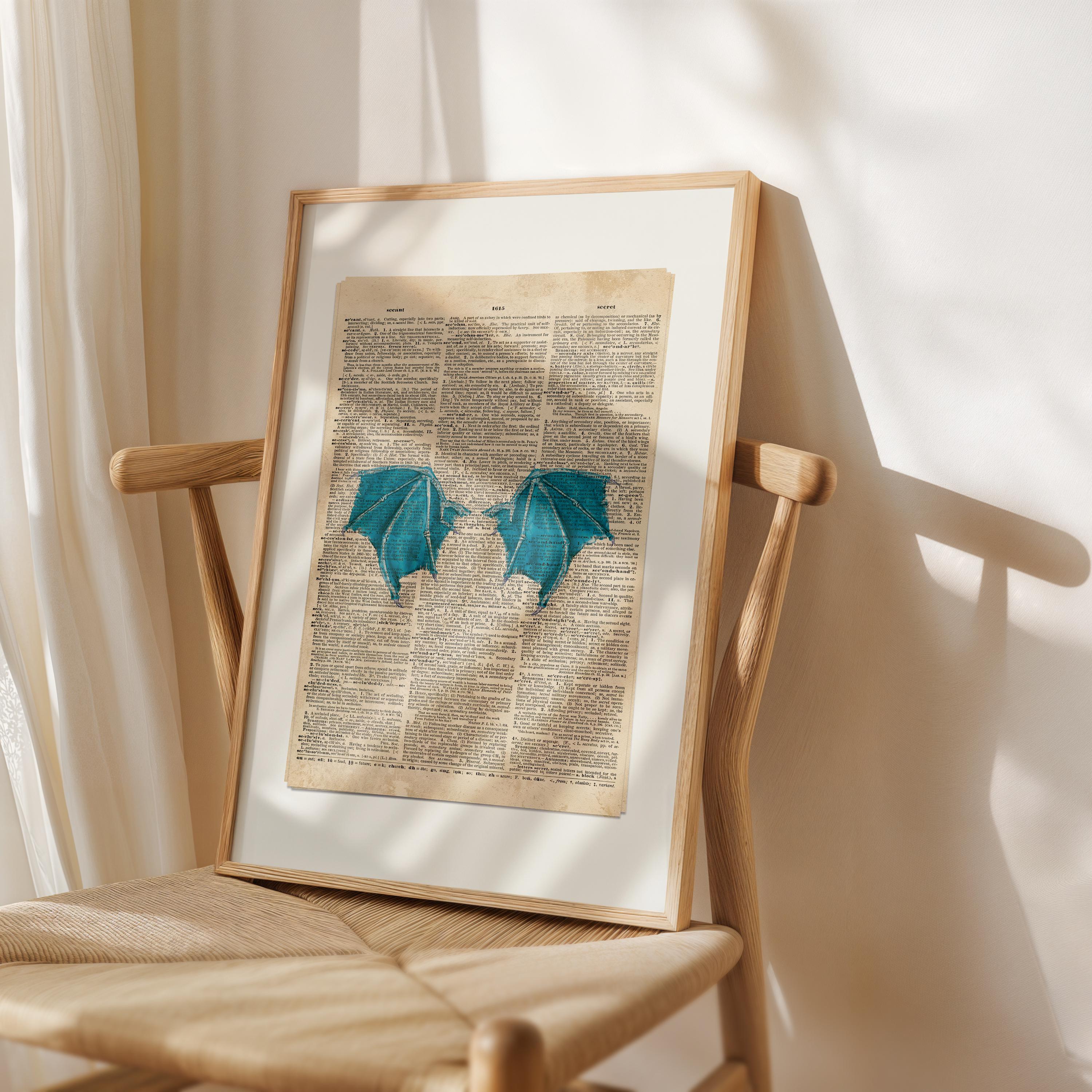 Blue Dragon Wings Wall Decor, Dictionary Wall Art, Fantasy Poster ...