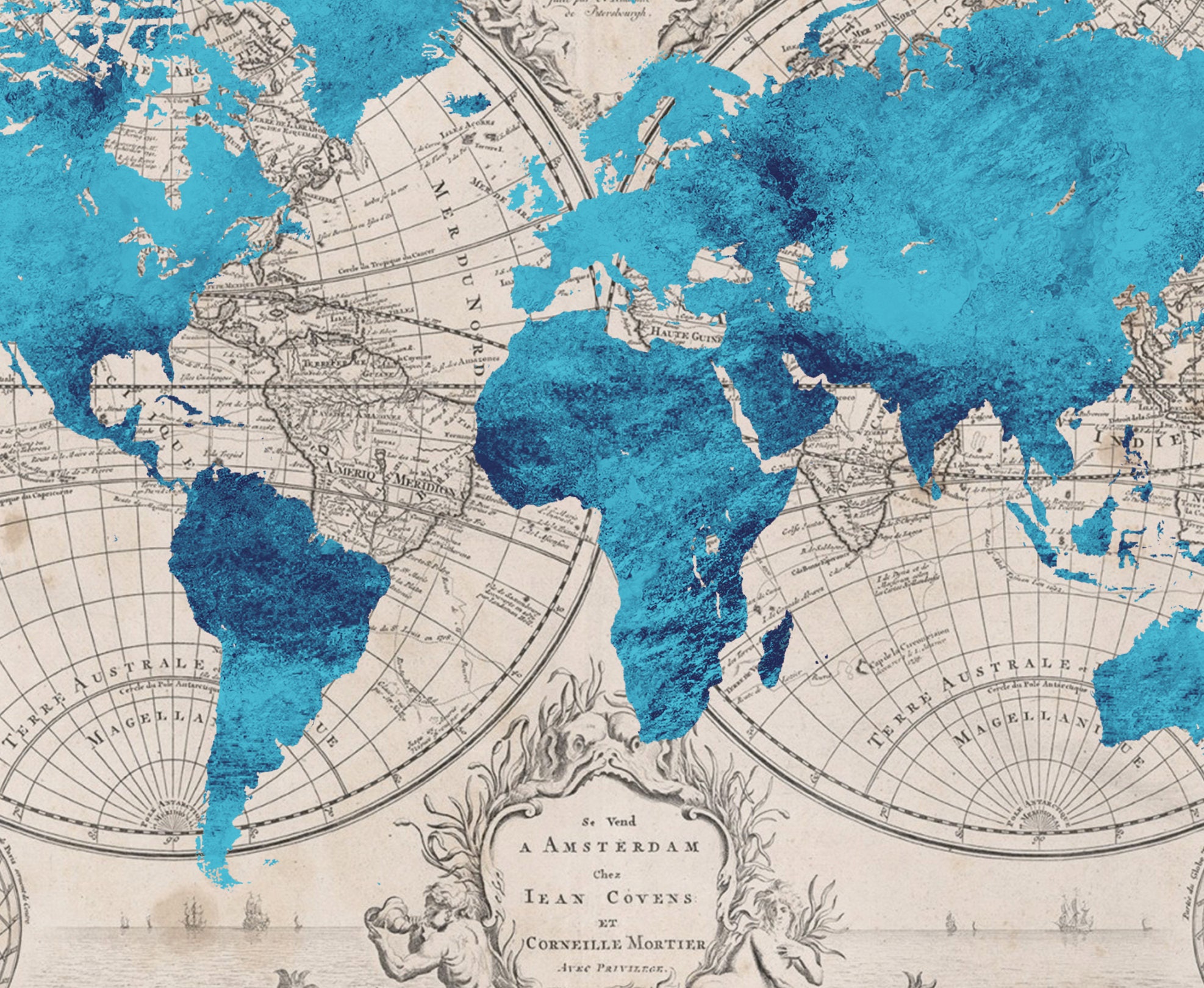 Turquoise Vintage World Map Print, Retro Travel Poster Print, Blue ...