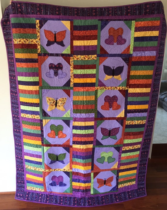Handmade Purple Quilt with butterflies and Hearts | Etsy