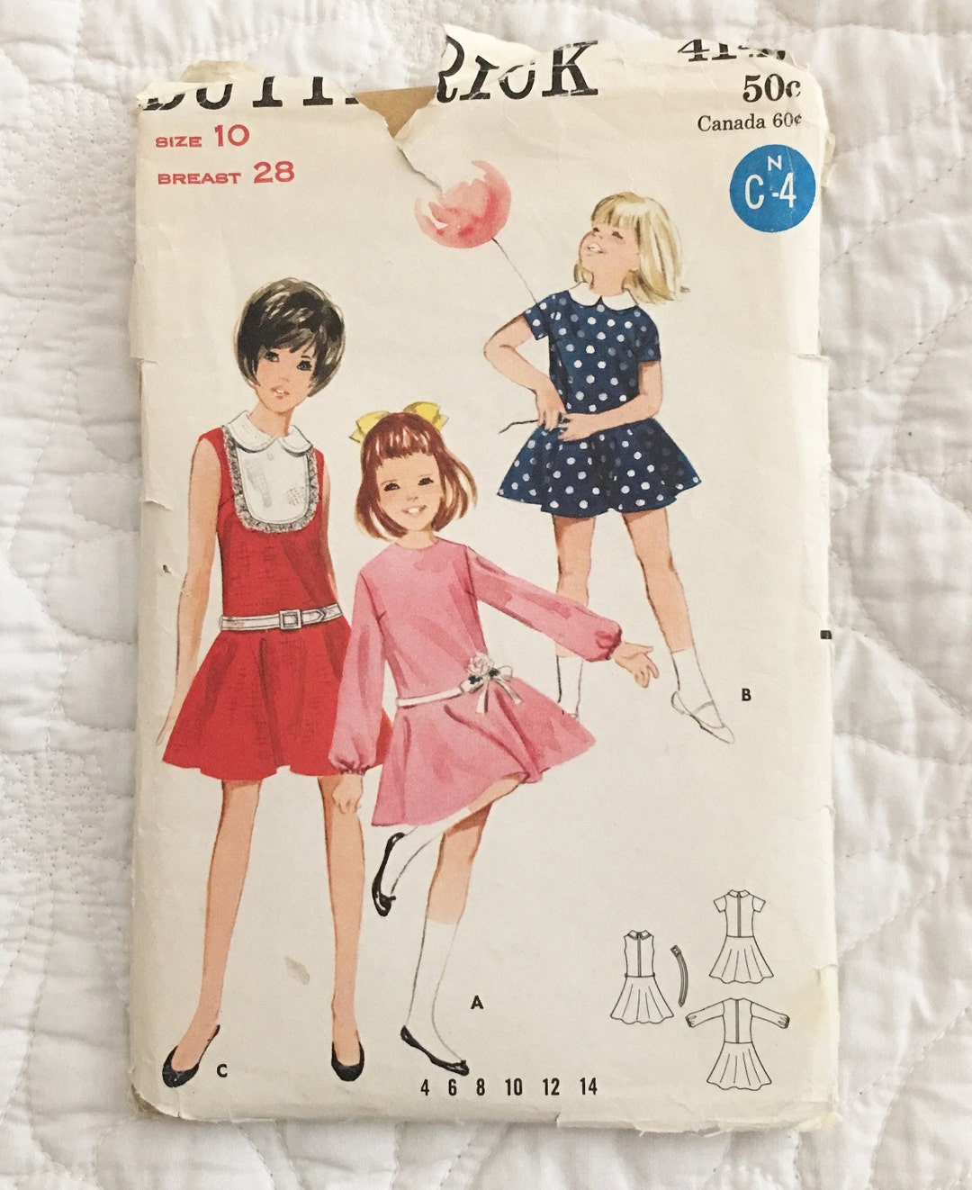 1960s Girls Drop Waist Dress Sewing Pattern - Butterick 4143 - Girls ...