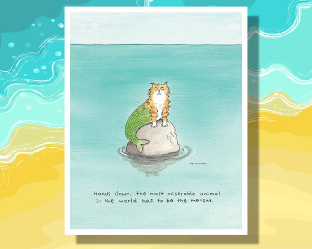 Funny Mercat Watercolor Print: Mermaid Cat Bathroom Art - Etsy