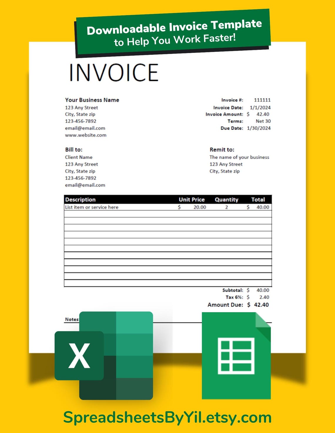Editable Excel Invoice Template | Google Sheets Compatible | Small ...