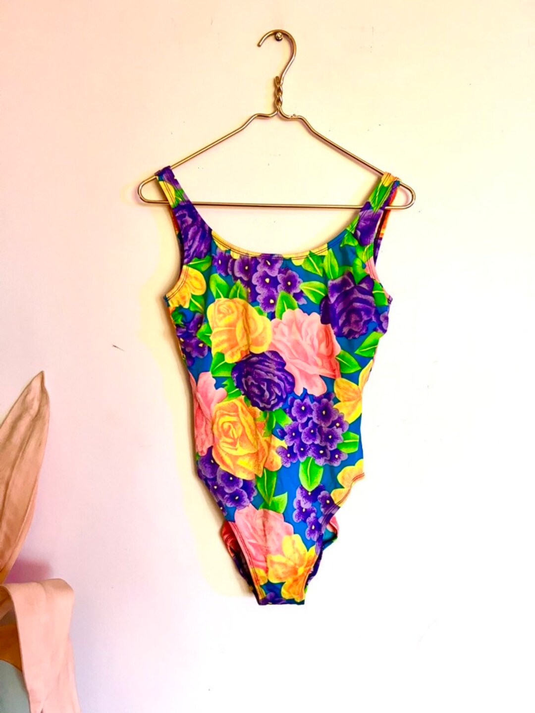 Vintage 1990s 90s One Piece Bathing Suit Neon Pink Lily Flowers ...