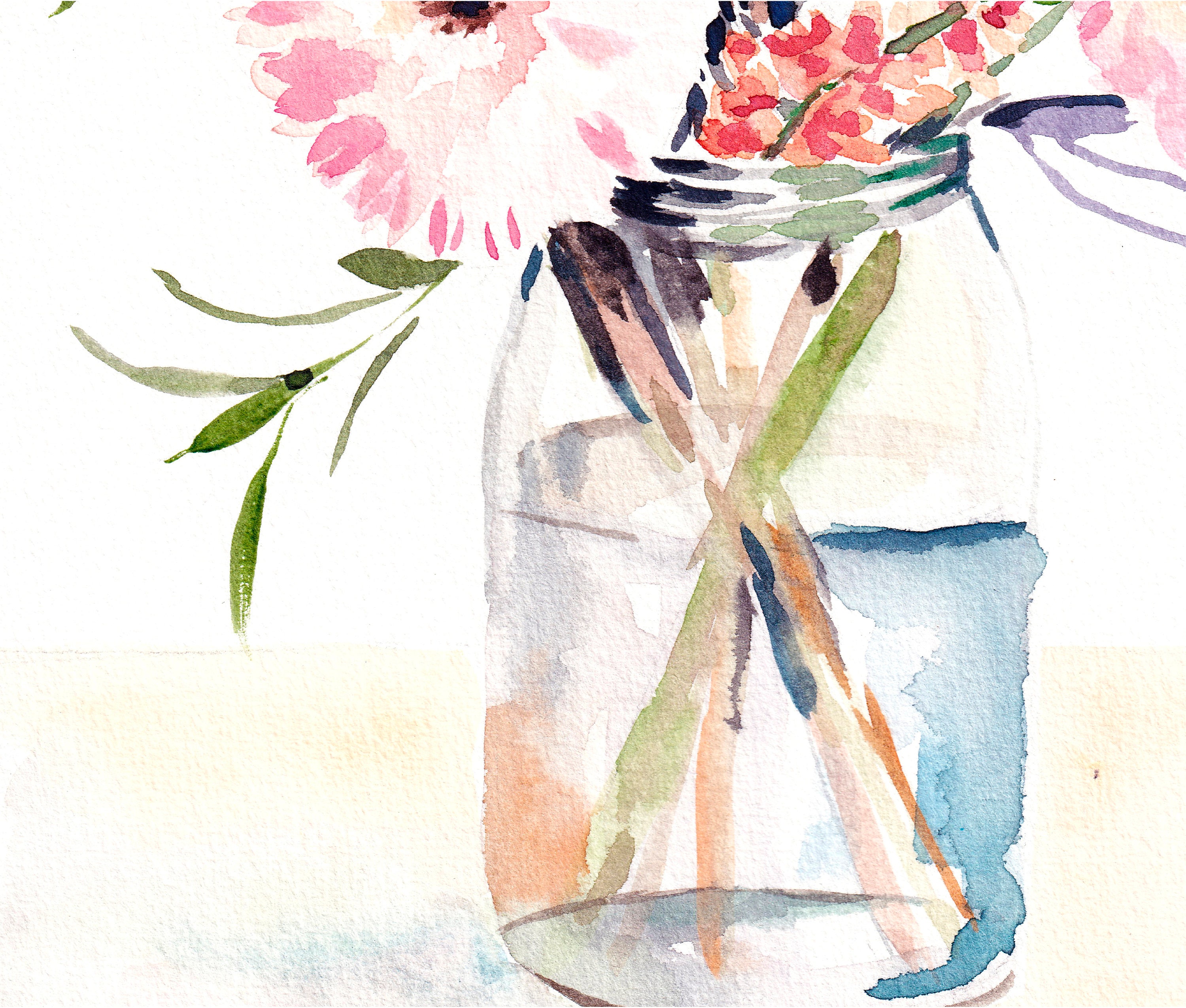 Watercolour Painting of Flowers in a Mason Jar. Still Life Painting ...