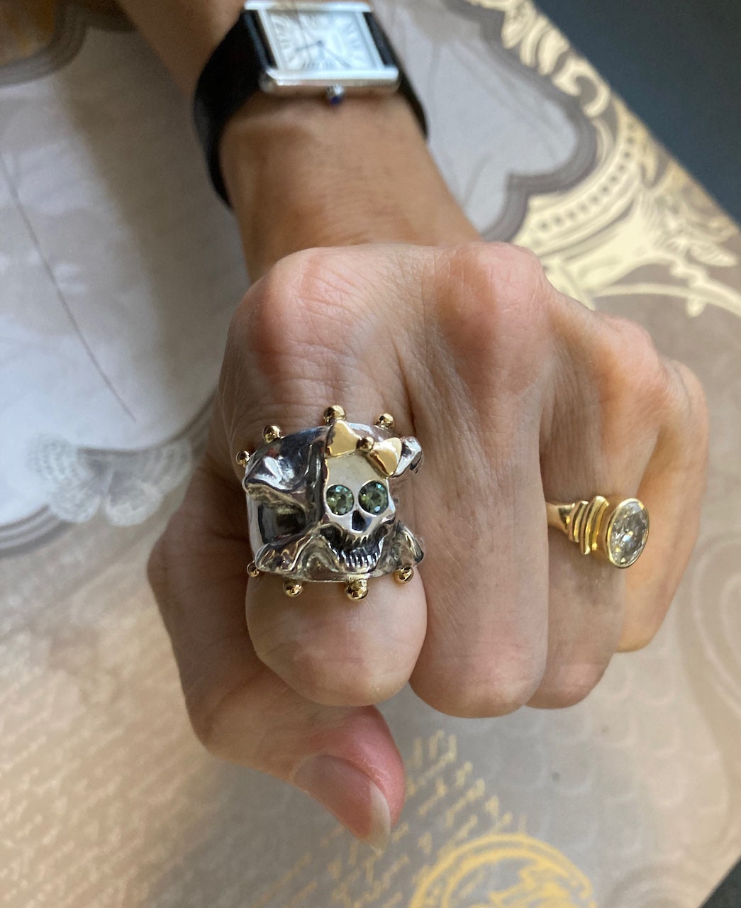 Hello Skully Skull Ring With 18k Gold Bow and Accents, Green Sapphire ...