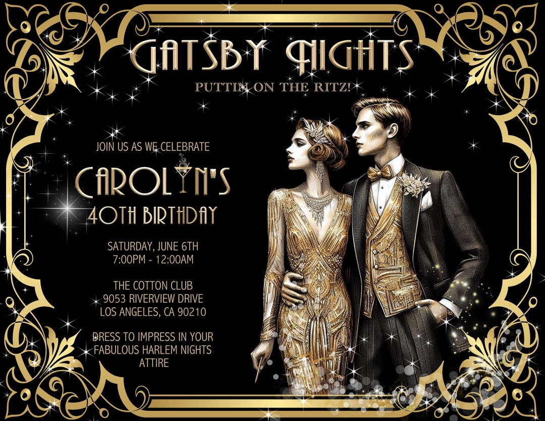 15 FABULOUS Gatsby Nights Golden Couple Birthday / Event Invitation ...
