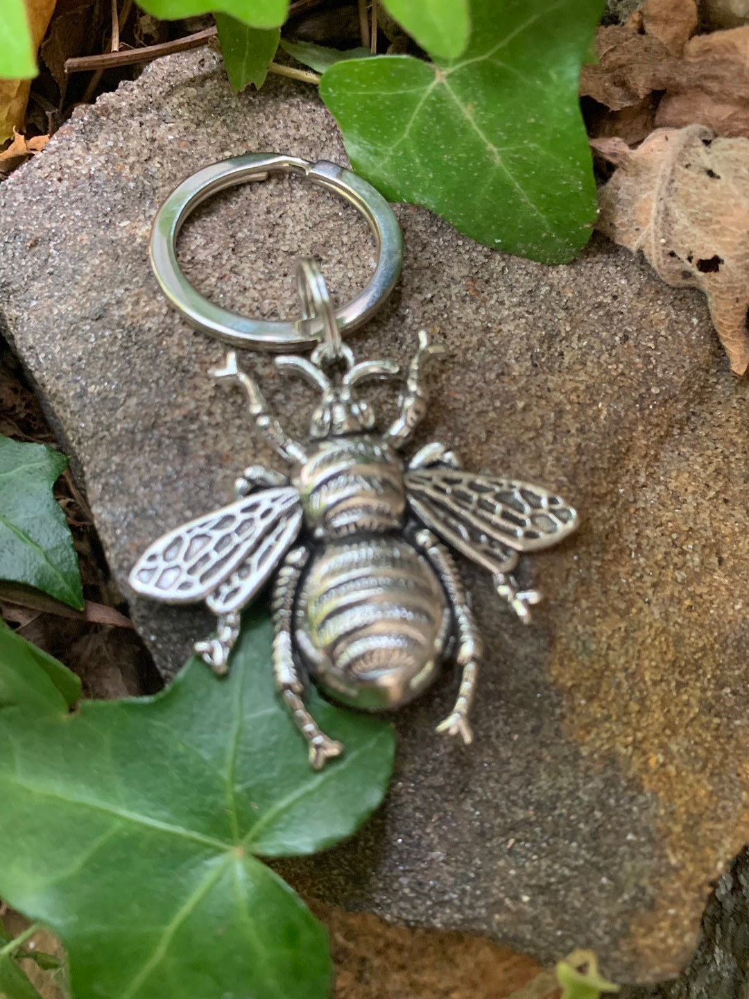 Bee Keychain Large Silver Bee Metal Keyring Keychains - Etsy