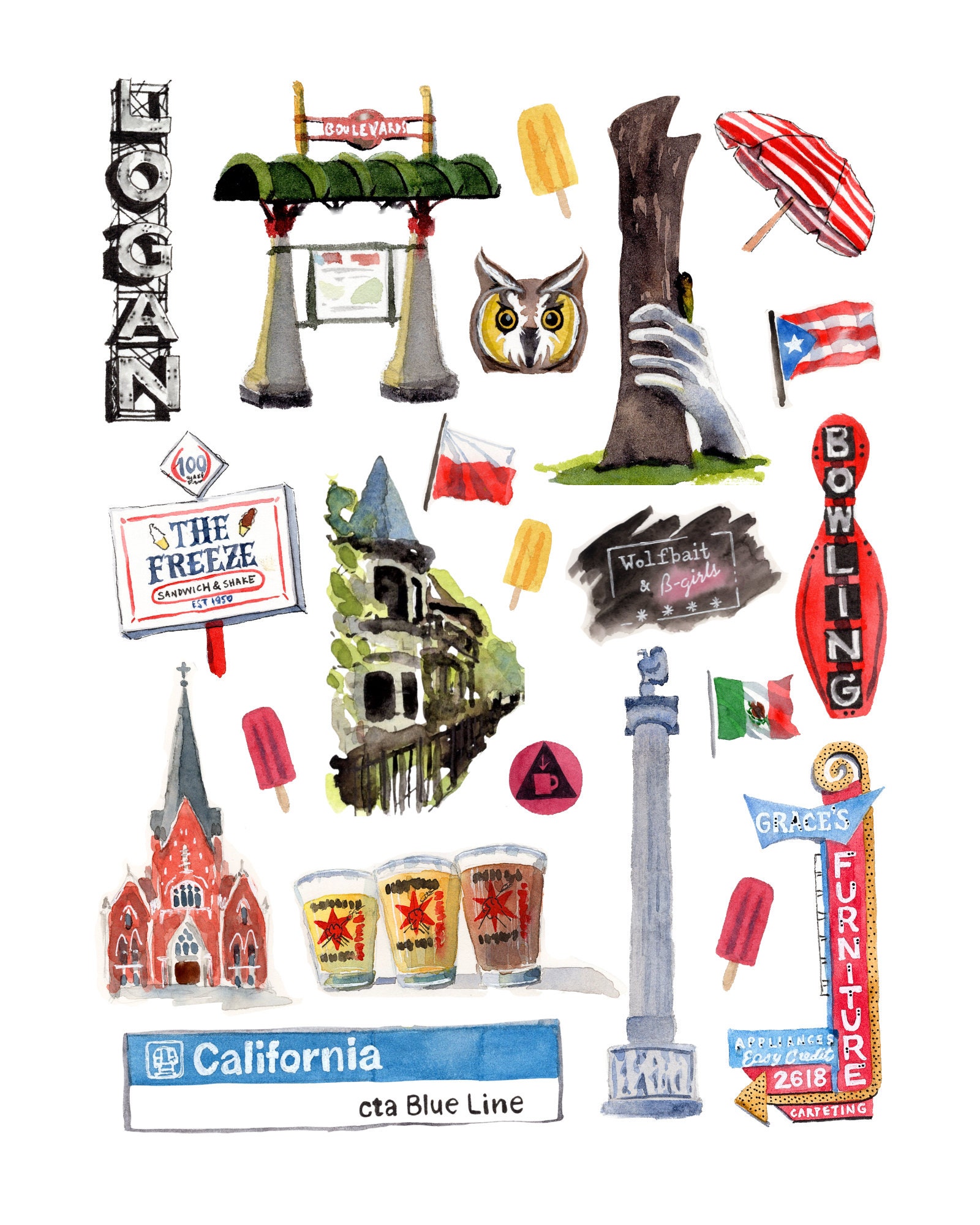 Icons of Logan Square, Chicago Print - 8 X 10 - Original Watercolor ...