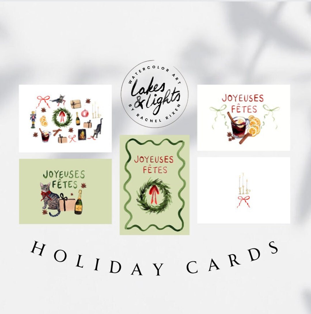 Pack of 5 Illustrated Watercolor Christmas Cards, Holiday Cards, French ...