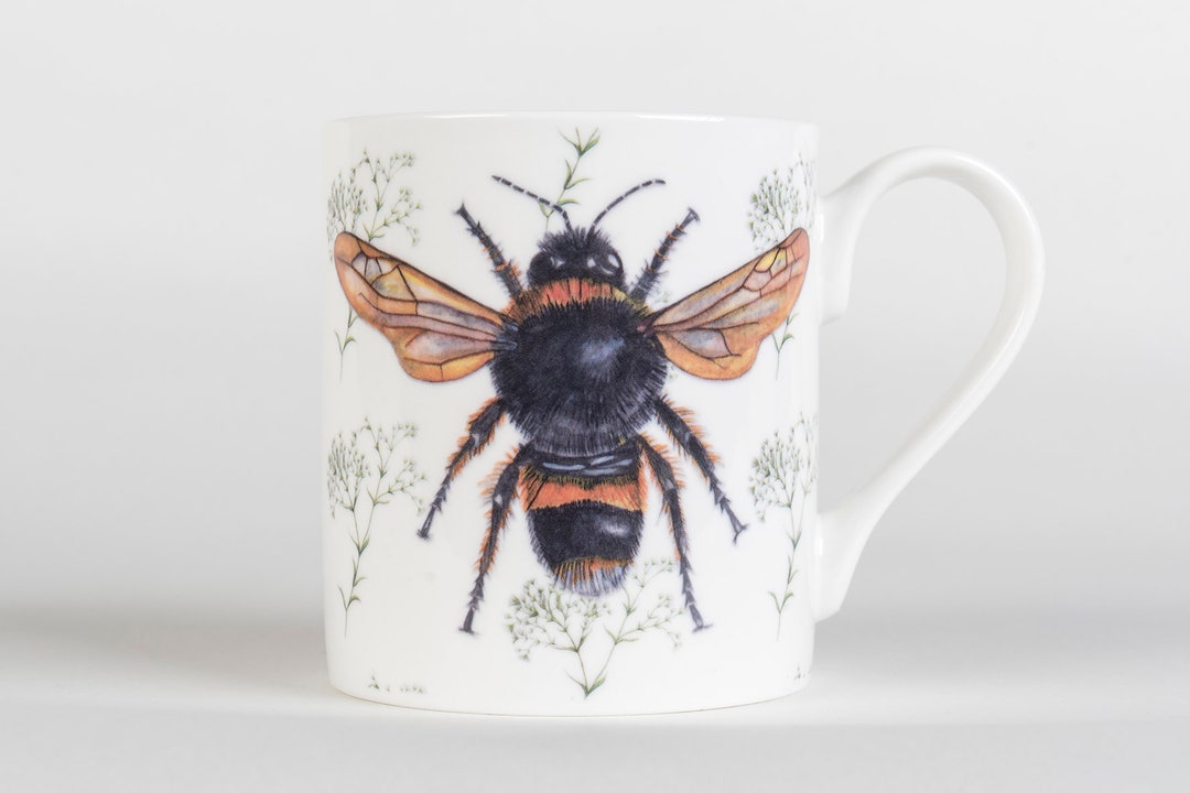 Bee Bone China Mug: Hand-drawn Floral Design - Etsy