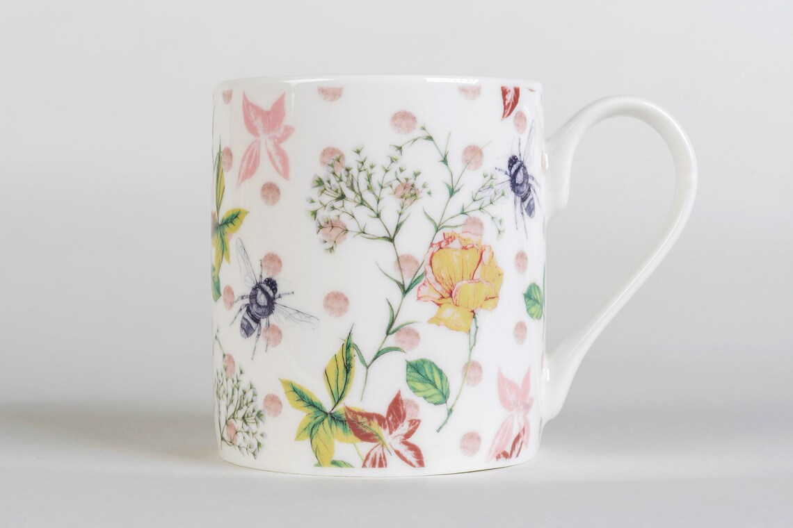 Flora & Fauna Bone China Mug Bees Flowers Spotty Leaves - Etsy UK