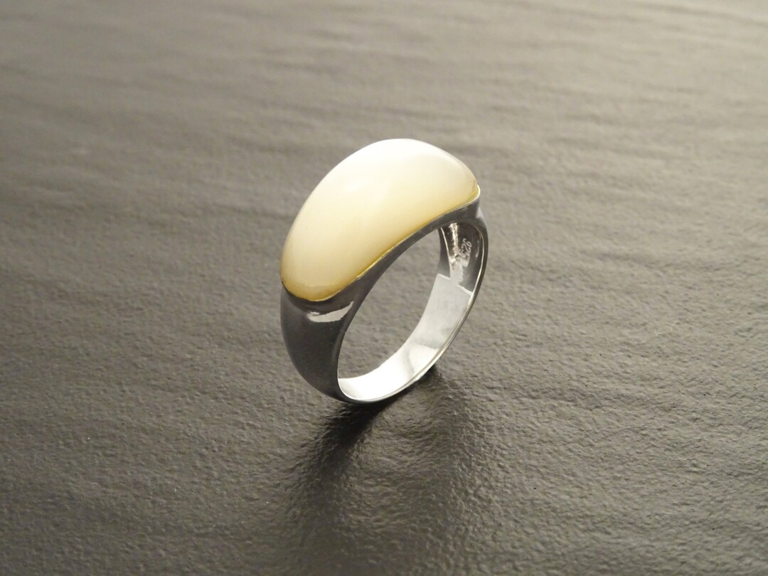White Stone Ring, Sterling Silver, Mother of Pearl Shell, Domed Stone ...
