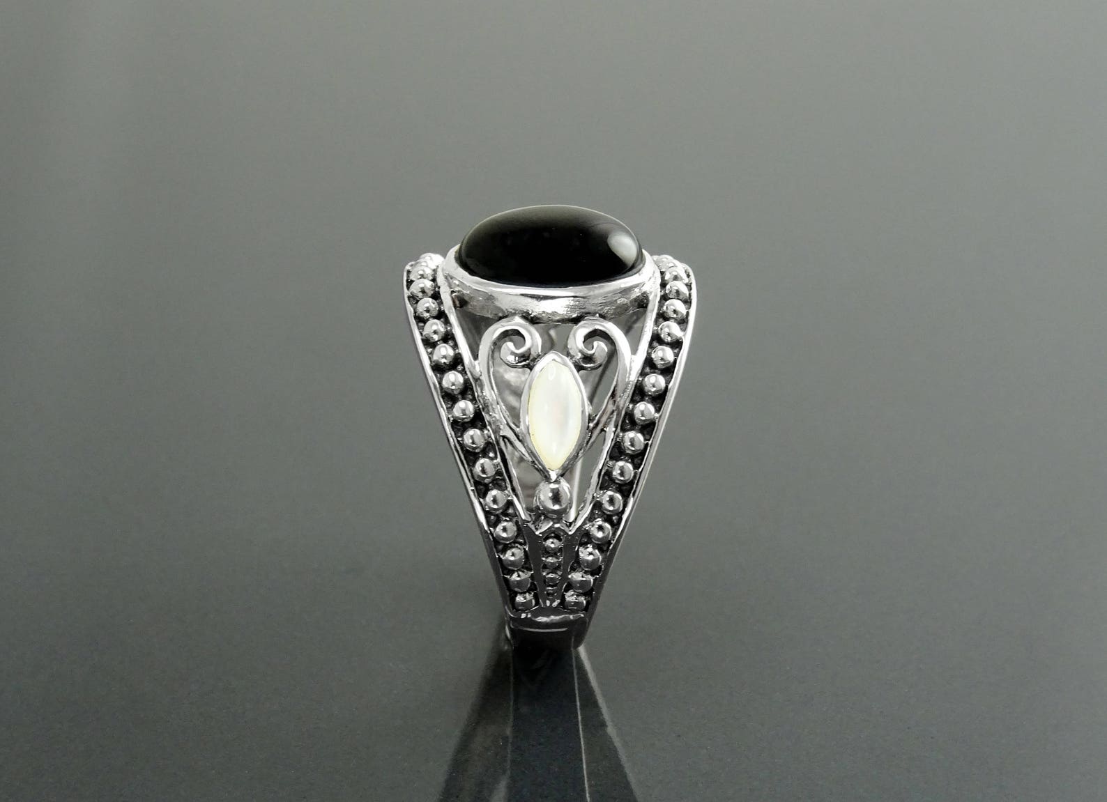 Bague Onyx Noir, Argent 925, Nacre et Pierre Onyx Noir, Bague Tribale ...