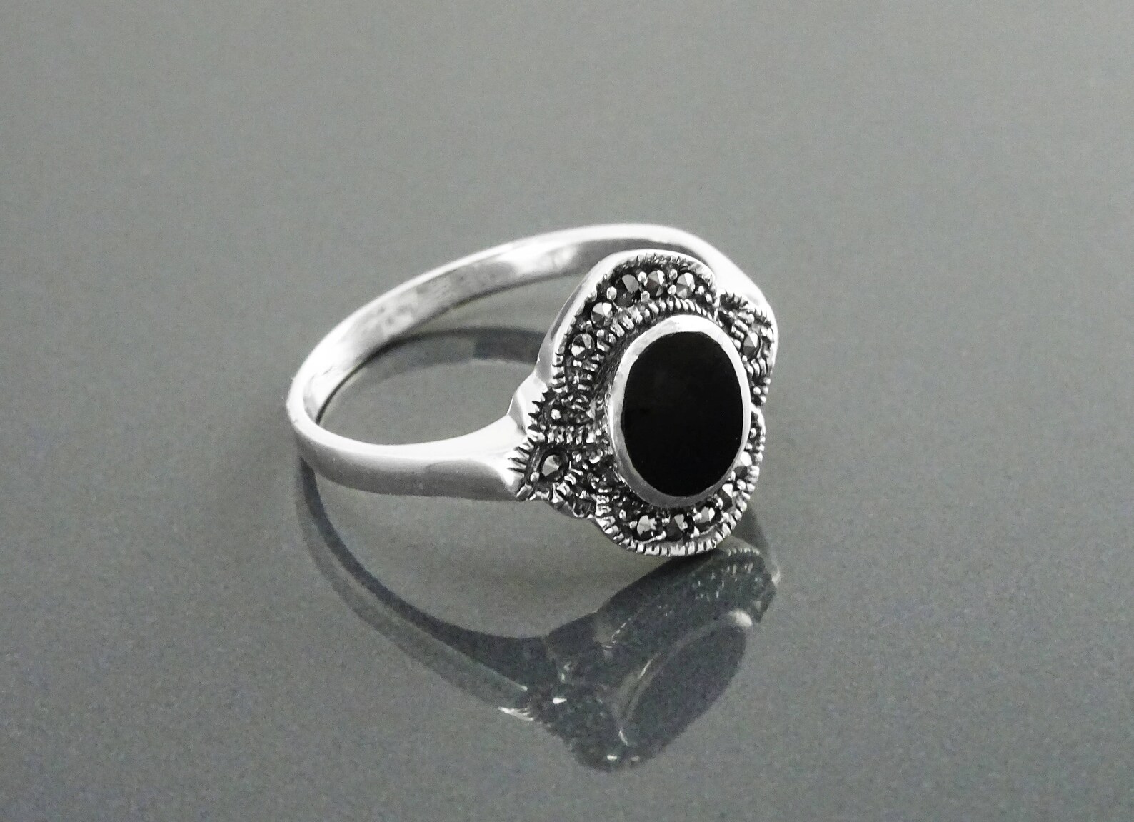 Art-deco Black Ring Sterling Silver Ring With Flat Oval Black - Etsy